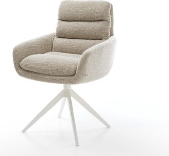 DELIFE Drehstuhl Abelia-Flex mit Armlehnen Webstoff Soft Beige Kreuzgestell breit Weiß 360° drehbar Wippfunktion, Esszimmerstühle