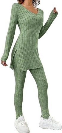 Generic Ensemble de gym dhiver pour femme - V&ecirc;tements de No&euml;l 2025 - Ensemble tendance pour femme - Col en V - Manches longues - Haut et pantalon - Ensemble d