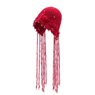 ZLYC Damen H&auml;kelm&uuml;tzen Strickm&uuml;tze Crochet Slouchy Beanie mit Tassel(Perlen Rot),Einheitsgr&ouml;&szlig;e