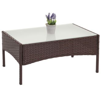 Mendler Poly-Rattan Gartentisch Halden, Beistelltisch Tisch mit Glasplatte - braun-meliert