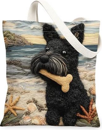 Generic Sac fourre-tout amusant en toile motif terrier &eacute;cossais 33 x 38,1 cm, sac d&eacute;picerie r&eacute;utilisable pour femme, peinture danimaux domestiques, d&eacute;coration