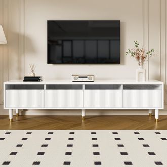 Generic TV Schrank Weiss Mit Vier Schubladen Aus MDF Und Acryl F&uuml;r Aufbewahrung Mit Kabelmanagement Und Aufbau Lowboard Stehend Im Minimalistischen Design Fer