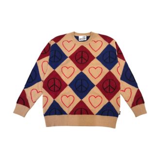 Love Moschino Pull en maille jacquard &agrave; motifs losanges- coeurs et signes de paix - Femme - Pulls - Multicolore - Taille: 36 FR