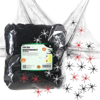 Com-Four 25-teiliges Deko-Set f&uuml;r Halloween - 200g dehnbares Spinnennetz mit 24 Deko-Spinnen - gruseliges schwarzes Spinnengewebe als Dekoration f&uuml;r Halloween,