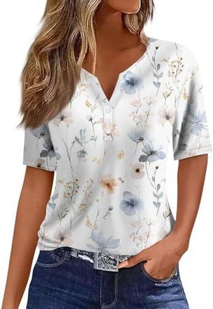 Generic Chemise Longue Femme,T Shirt Femme Grande Taille T-Shirt Femme Imprimé Bouton Manches Courtes Quotidien Week-End Mode Basique Col en V Haut Régulier C