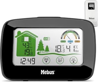 Mebus funkgesteuerte Wetterstation mit Außensensor, Thermometer/Hygrometer (innen/außen), Wohlfühlindikator bewertet Raumklima, Min-/Max-Funktion, Beleuchtu