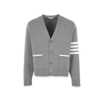 Thom Browne Homme, Pulls, Gris, Taille: 2XL Cardigan Gris en Coton avec D&eacute;tail 4bar