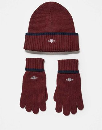 GANT Essential - Coffret cadeau avec bonnet &agrave; logo &eacute;cusson et gants - Rouge