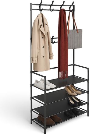 Relaxdays Garderobenst&auml;nder, 4 Schuhablagen, 8 Doppelhaken, Flur, freistehende Garderobe HBT 150 x 61 x 27,5 cm, schwarz