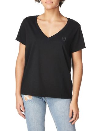 True Religion Damen Crystal Horseshoe Short Sleeve V Neck Tee T-Shirt, Onyx, Mittel