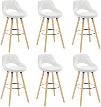 Woltu Tabouret Bar, Lot de 6, Chaise Haute Bar, Tabouret Haut avec Dossier et Repose-Pieds, Cadre en Bois, Si&egrave;ge en Similicuir, Blanc, BH111ws-6