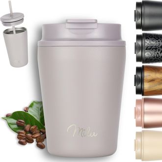 Milu Thermobecher 300ml - 100% Auslaufsicher - Edelstahl Kaffeebecher to go isoliert mit Strohhalm hält 10h heiß / 20h kalt, BPA-frei (Taupe Grau, 300ml)