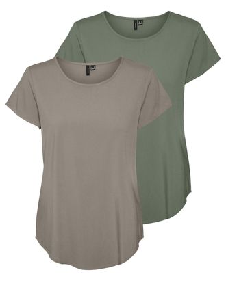 Vero Moda Damen VMBELLA SS TOP 2-Pack WVN GA Kurzärmeliges Rundhals Shirt, Vintage Khaki/Sea Spray, XXL