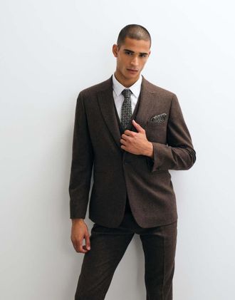 Asos Slim-Fit-Anzugjacke in Braun mit Fischgr&auml;tmuster aus Wollmix