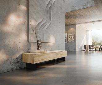 DELIFE Lowboard Cuor 150 cm Keramik Laminam Sabbia Eichefarbig 1 Klappe 1 Schubfach Fu&szlig; Schwebeoptik Metall Schwarz, Lowboards