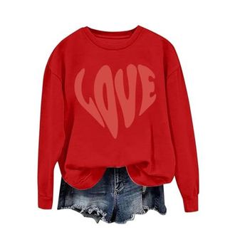 Generic Sweat-shirts de Saint-Valentin 2026 pour femmes 2024 imprim&eacute; graphique coeur col rond manches longues chemisier Saint-Valentin automne hiver pull, Rou
