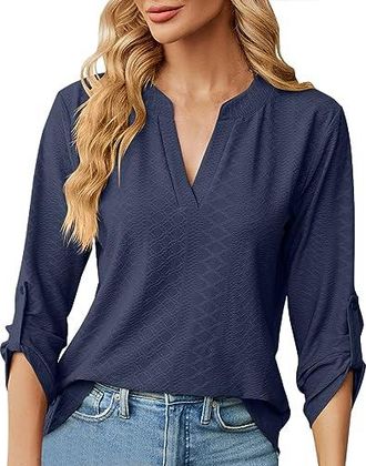 Generic Chemisier uni à manches courtes pour femme - Col en V - Manches 3/4 - Pour la vie quotidienne - Cadeau de Noël, bleu marine, S