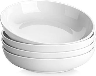 Malacasa S&eacute;rie REGULAR, 4 Pi&egrave;ces 1680ml Assiettes &agrave; P&acirc;tes en Porcelaine, 25,6 x5,4cm Assiettes Creuses, Service de Bols &agrave; Salade, Blanc avec Bord Noir