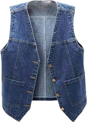 Generic Gilet d&eacute;contract&eacute; en jean pour femme, col en V, ouvert sur le devant, boutonn&eacute;, sans manches, l&eacute;ger, couleur unie, veste en jean ample pour lautomne a