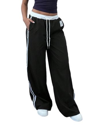 SOLY HUX Damen Weite Hose Lang Baggy Freizeithose Elastische Taille Sporthose Stoffhose Jogginghose Gestreift Casualhose Herbst Outfit Schwarz L