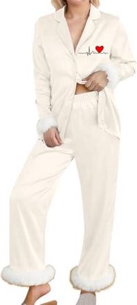 Generic Ensemble de pyjama d&eacute;contract&eacute; et confortable pour la Saint-Valentin 2026 pour femmes, chemise &agrave; manches longues, pantalon, deux ensembles, beige, XXL