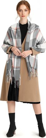 Miss Lulu Damen Schal Winter, weich warm kariert Oversized, Schottenkaro Wolle, lange gedrehte Fransen Stola, Deckenschal f&uuml;r Damen (Hellgrau)