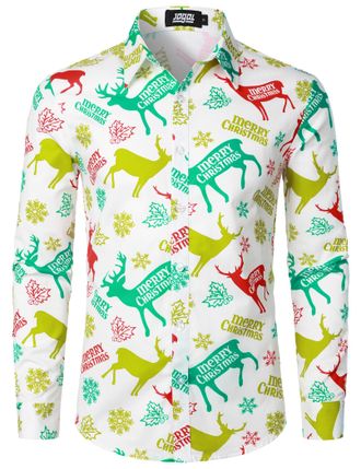 JOGAL Herren Funky Christmas Print Weihnachtsmann Hemd Langarm Button Up Freizeithemd XX-Large Wei&szlig; Rot