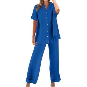 Generic Ensemble de pyjama 2 pi&egrave;ces &agrave; manches longues pour femme - V&ecirc;tement de d&eacute;tente tendance et confortable - Surv&ecirc;tement de nuit pour femme, bleu, XXXXXL