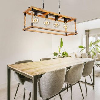 Globo Lighting Suspension Vintage Retro Lampe à suspendre bois LED Plafonnier corde de chanvre 4 flammes, métal noir marron, 7W 806lm blanc chaud, LxlxH 80x25x120 cm