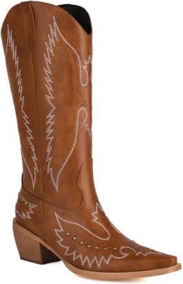 Generic Bottes Femme Hautes Style Western Bout Pointu Talons Carrés avec Broderie Et Clous Tige Cuir Durable Confortables Enfilables Décontracté Quotidien Soi