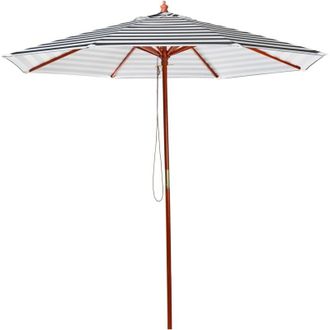 Beliani Parasol de Jardin ou de Terrasse &agrave; Rayures Noires et Blanches avec Pied en Bois, Diam&egrave;tre 260 cm Toile Anti uv et Ouverture Facile avec Corde Beliani