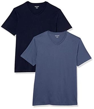 Amazon Essentials T-Shirts Col en v &agrave; Manches Courtes Homme, Lot de 2, Bleu Fonc&eacute;/Bleu Marine, XS