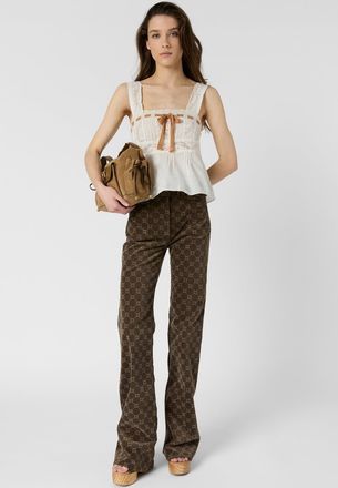 Gerard Darel Pantalon flare en velours &agrave; monogramme - ANNA - Caf&eacute;