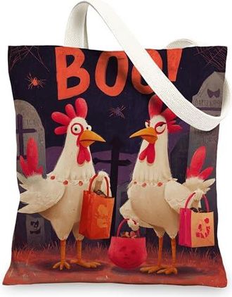 Generic Sacs fourre-tout amusants en toile avec motif de volaille fantaisie, sacs de courses réutilisables, légers et lavables à bandoulière pour fêtes dHallo