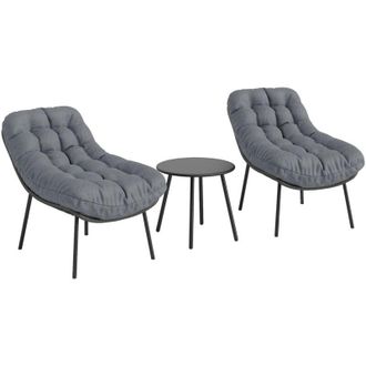 OUTSUNNY Salon de jardin 2 places 3 pi&egrave;ces style cosy &eacute;pais coussins capitonn&eacute;s 15 cm acier r&eacute;sine gris