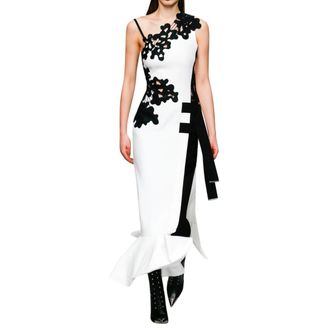 DAVID KOMA White & Black Lace Detailed Asymmetric Gown Size S