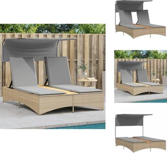 vidaXL Vidaxl - Doppel-Sonnenliege mit Dach und Auflagen Beige Poly Rattan - Doppelsonneliege - Liege - Gartenm&ouml;bel - Outdoor M&ouml;bel - Relax Liege