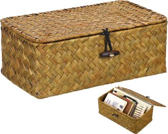 BESPORTBLE Aufbewahrungskorb mit Deckel - Lagerkorb Rattan Stroh Geflochten Wasser Hyazinthe Seagrass mit Deckel Lager Dekorative Box Make up Organizer F&uuml;r Badez