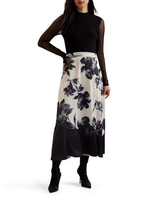 Ted Baker Damen WMD-SELNAA-Mesh Top Printed Skirt Midi Dress Kleid f&uuml;r besondere Anl&auml;sse, Black, 36