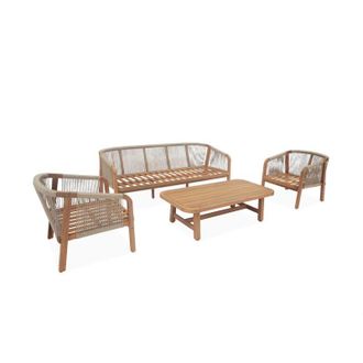 Sweeek Salon de jardin en bois et cordes. acacia. coussins beige. 5 places