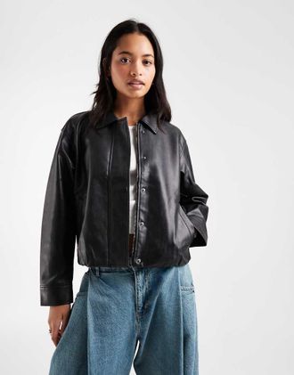Hollister bomber oversize &agrave; basque ballon en imitation cuir noir