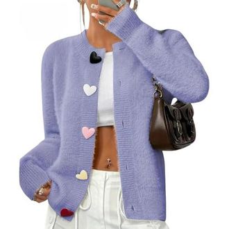 Generic Cardigan en tricot pelucheux en forme de coeur pour femme, pull l&eacute;ger en tricot pelucheux avec boutons sur le devant, violet, XL