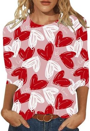 Generic T-shirt &agrave; manches trois-quarts et col rond pour femme Motif coeur 2026 Saint-Valentin, blanc, XXL