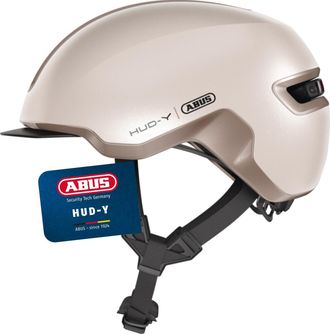 ABUS Urban Helm HUD-Y - mit magnetischem, aufladbarem LED-Rücklicht & Magnetverschluss - cooler Fahrradhelm für den Alltag - für Damen und Herren - Beige M