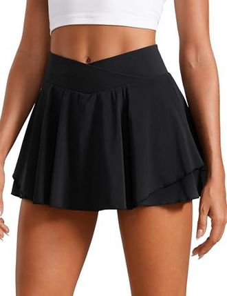 CRZ YOGA Femmes Jupe de Tennis 2 en 1 à Taille Haute Croisée Respirant Léger Comfy Fitness Plissée avec Poche Noir 38