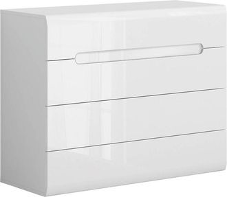 PEGANE Commode meuble de rangement &agrave; 4 tiroirs, coloris Blanc/Blanc haute brillance - Longueur 105 x Profondeur 41 x Hauteur 84 cm