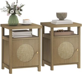 HOMCOM Lot de 2 tables de chevet - HOMCOM - avec compartiment ouvert, 1 placard - finition en rotin, style boh&egrave;me - 40x35x55cm - marron