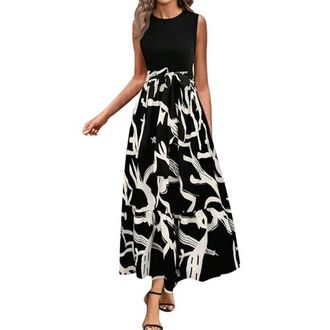 Generic Robe d&eacute;t&eacute; pour femme - Imprim&eacute; floral - Manches courtes - Robe maxi patchwork &agrave; volants - Robe trap&egrave;ze, Noir, XXL