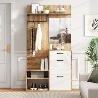Liberte Meuble dentr&eacute;e 100x38.5x190, miroir, banc, 1 tiroir, 2 abattants, blanc/bois