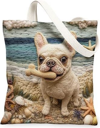 Generic Sac fourre-tout amusant en toile avec bouledogue fran&ccedil;ais pour le shopping, 33 x 38 cm, sac d&eacute;picerie r&eacute;utilisable pour femme, peinture danimaux domes